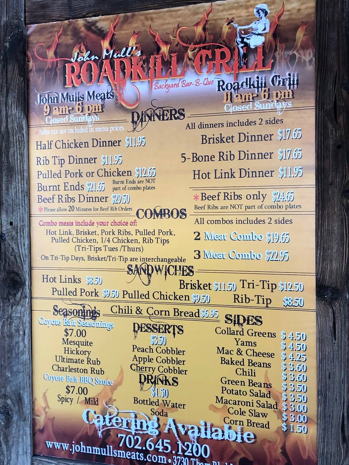 Menu at John Mull's Meats & Road Kill Grill BBQ, Las Vegas