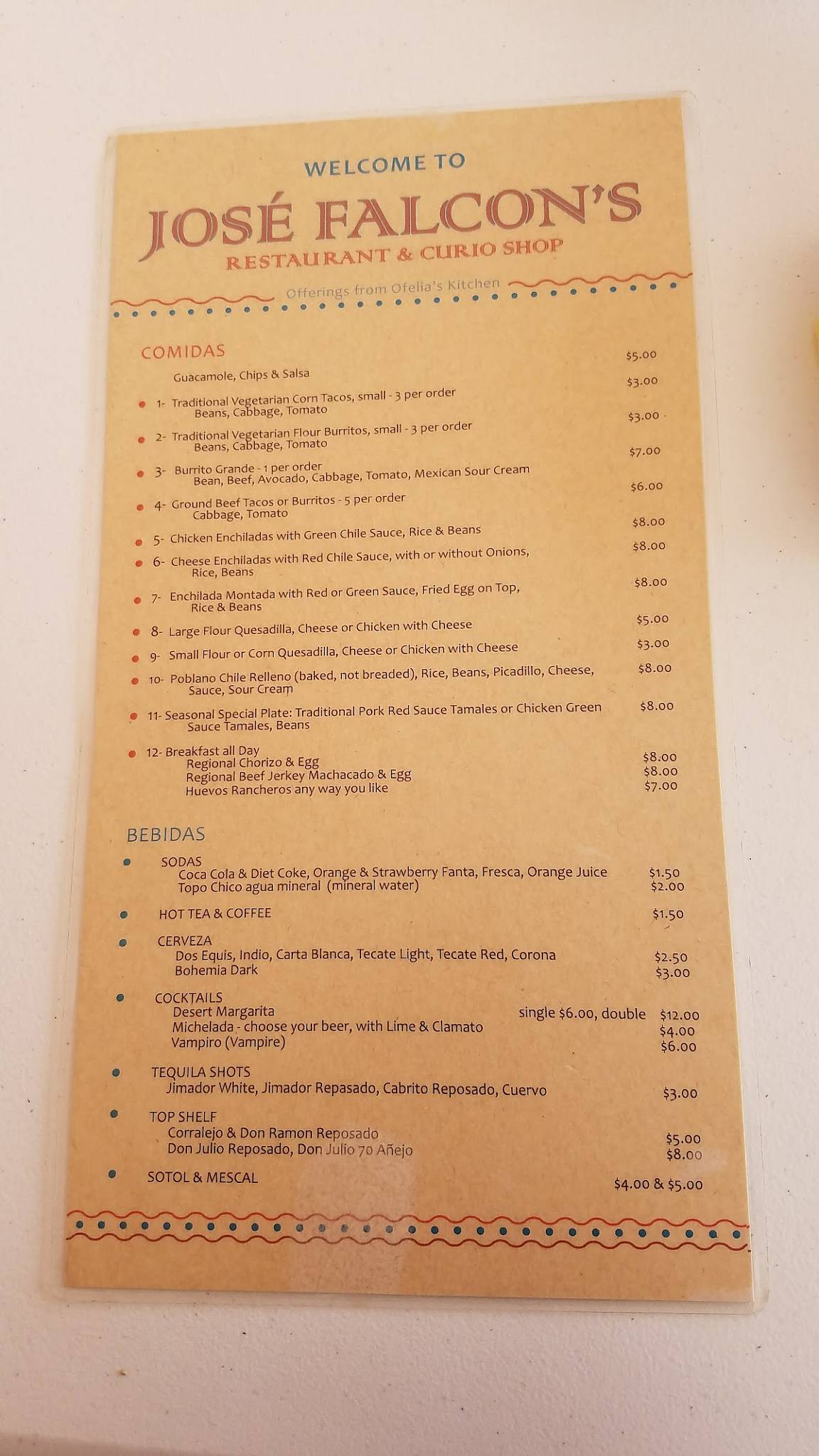 Menu at Jose Falcon's Restaurant & Bar, Boquillas del Carmen