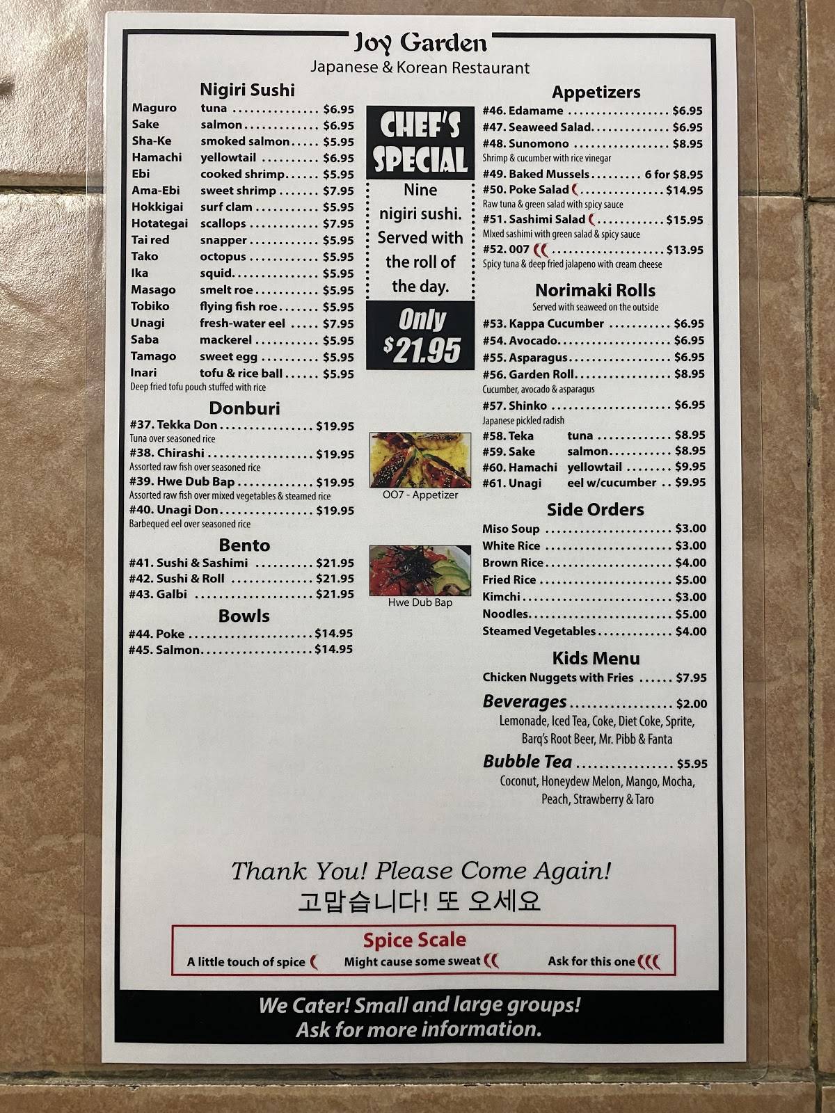 Menu at Joy Garden restaurant, Yakima