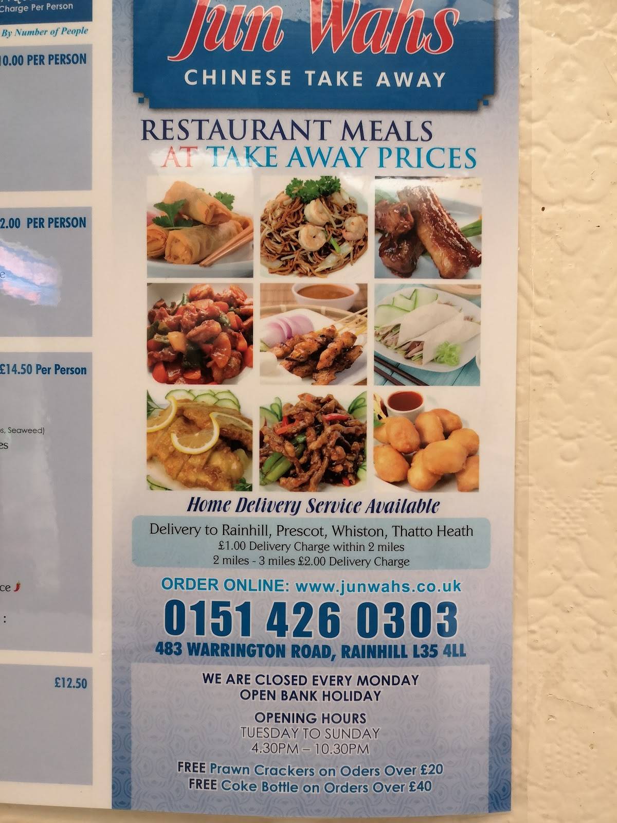 Menu at Jun Wahs Chinese Takeaway fast food, Prescot