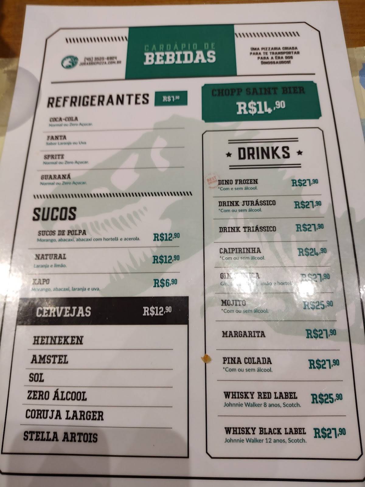 Carta del restaurante Jurassic Pizza, Foz do Iguaçu