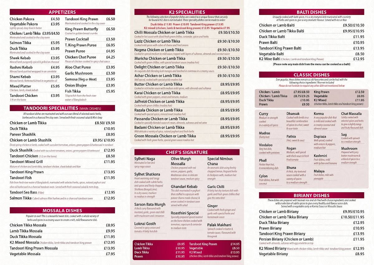 Menu at K2 Indian Restaurant, Polegate