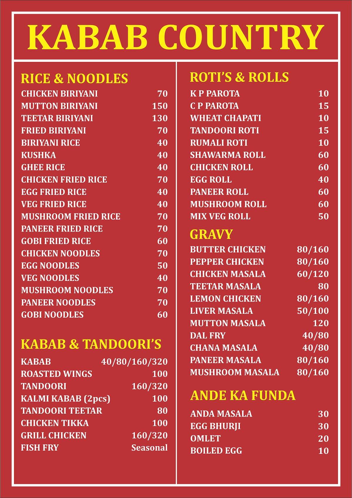 Menu at Kabab country, Bengaluru