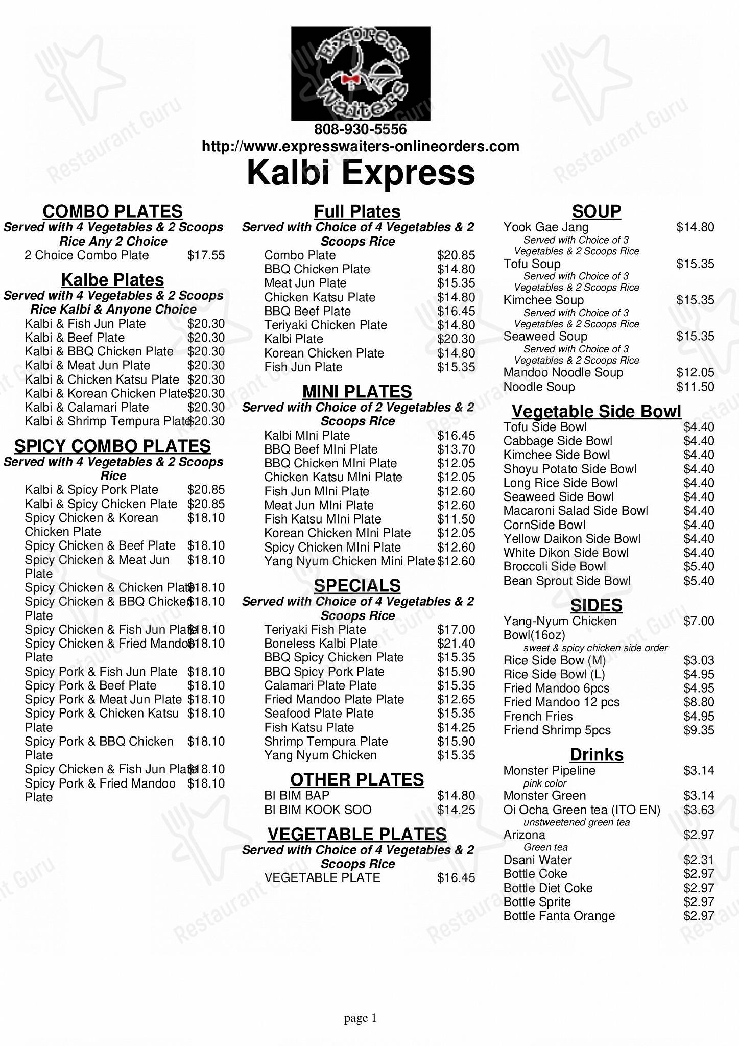 Menu at Kalbi Express BBQ, Hilo