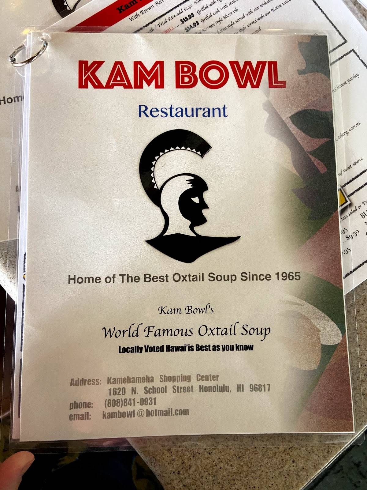 Menu at Kam Bowl Restaurant, Honolulu