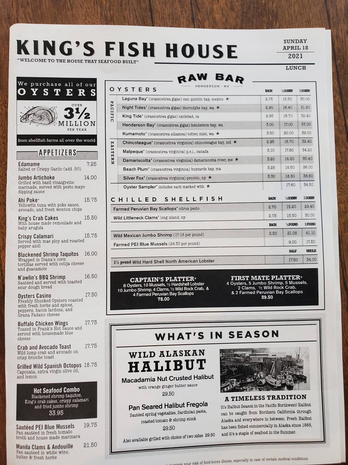 Menu at King's Fish House restaurant, Henderson, Village Walk Dr #139