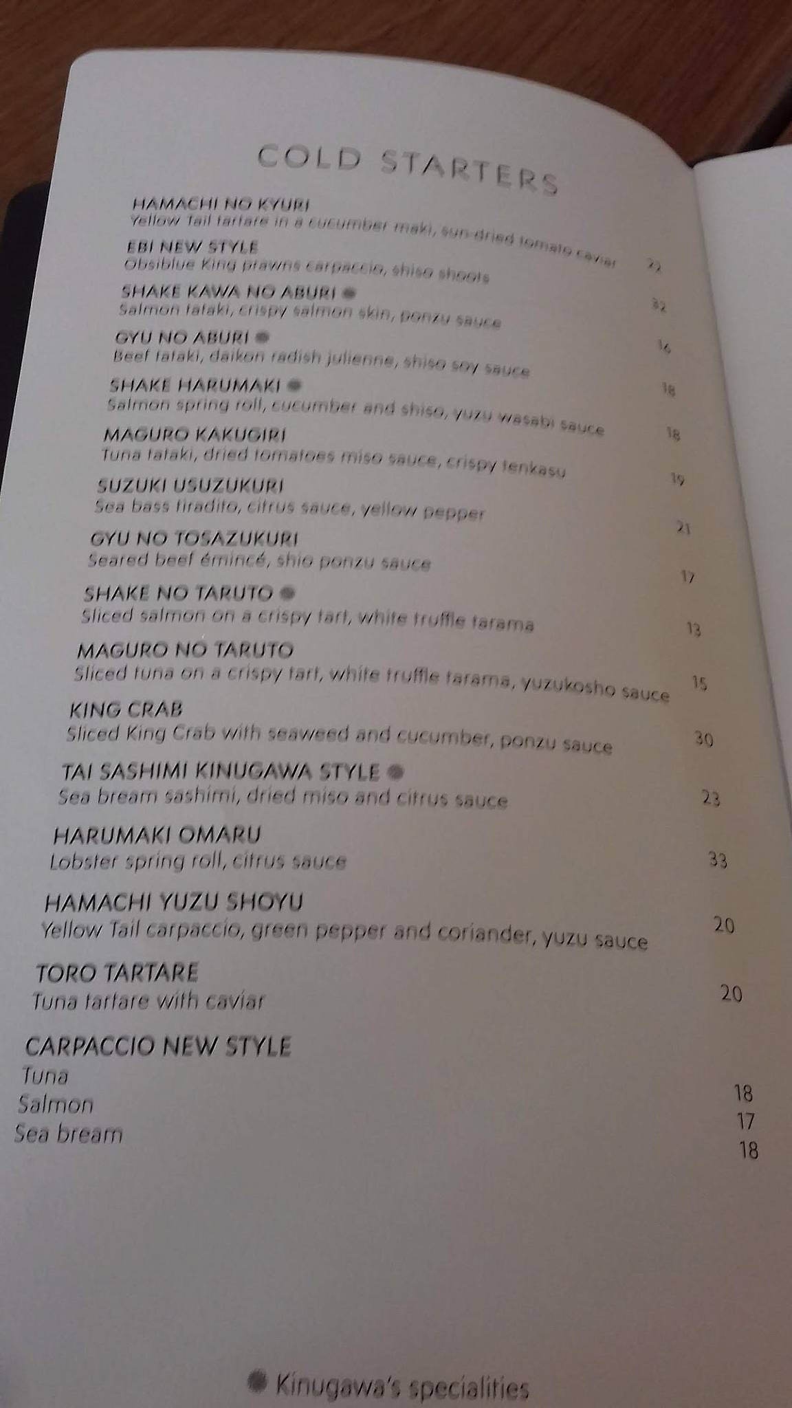Menu at Kinugawa Vendôme restaurant, Paris, 9 Rue du Mont Thabor