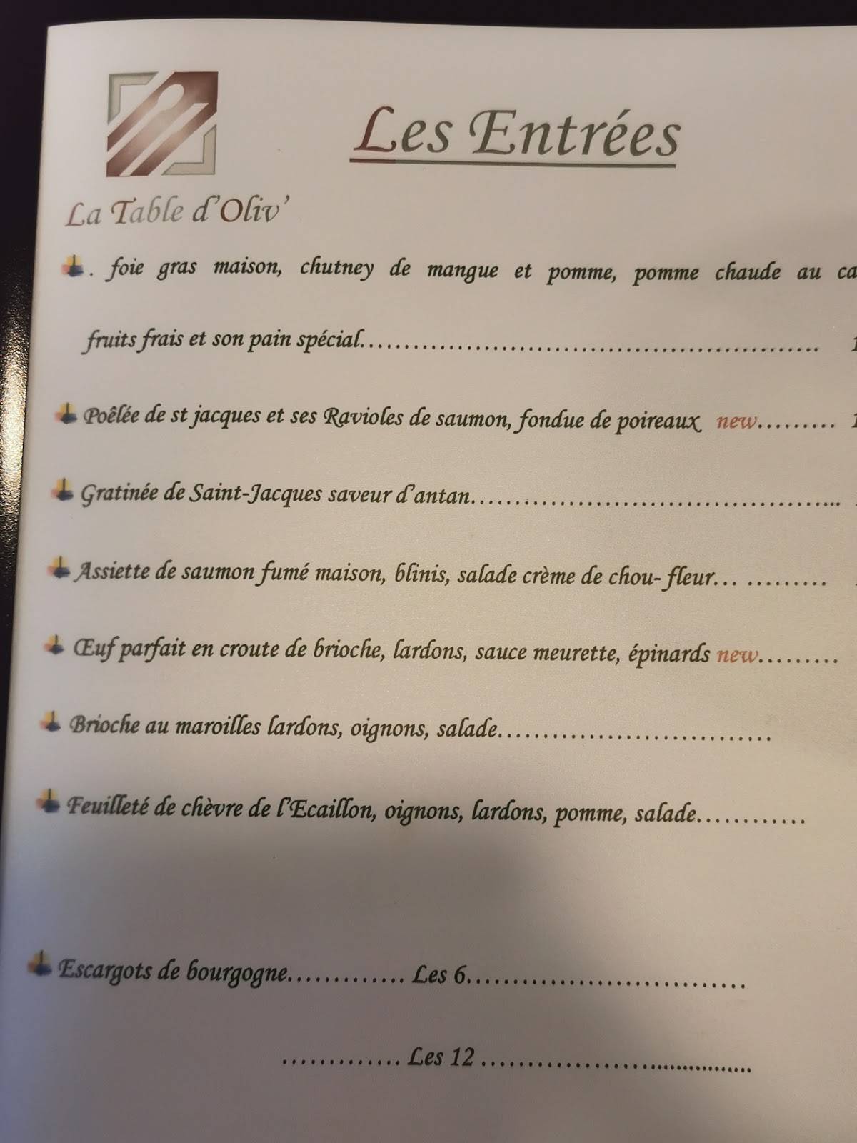 Menu au LA TABLE D'OLIV restaurant, Le Quesnoy