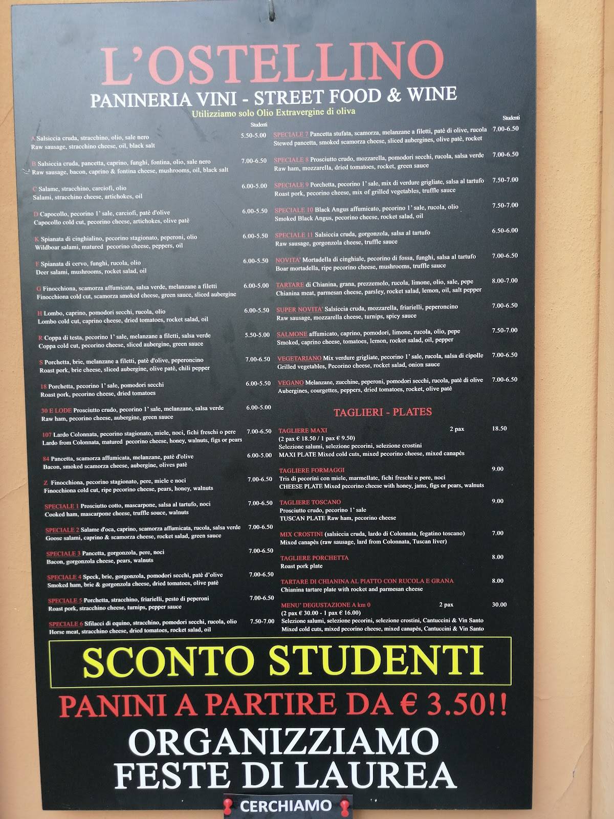 Menu at L'Ostellino restaurant, Pisa