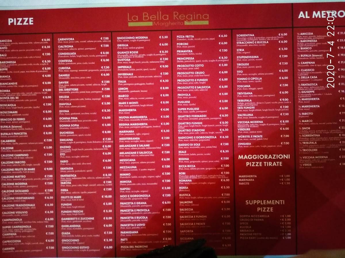 Menu da La Bella Regina Margherita ristorante, Modena, Viale G. Moreali