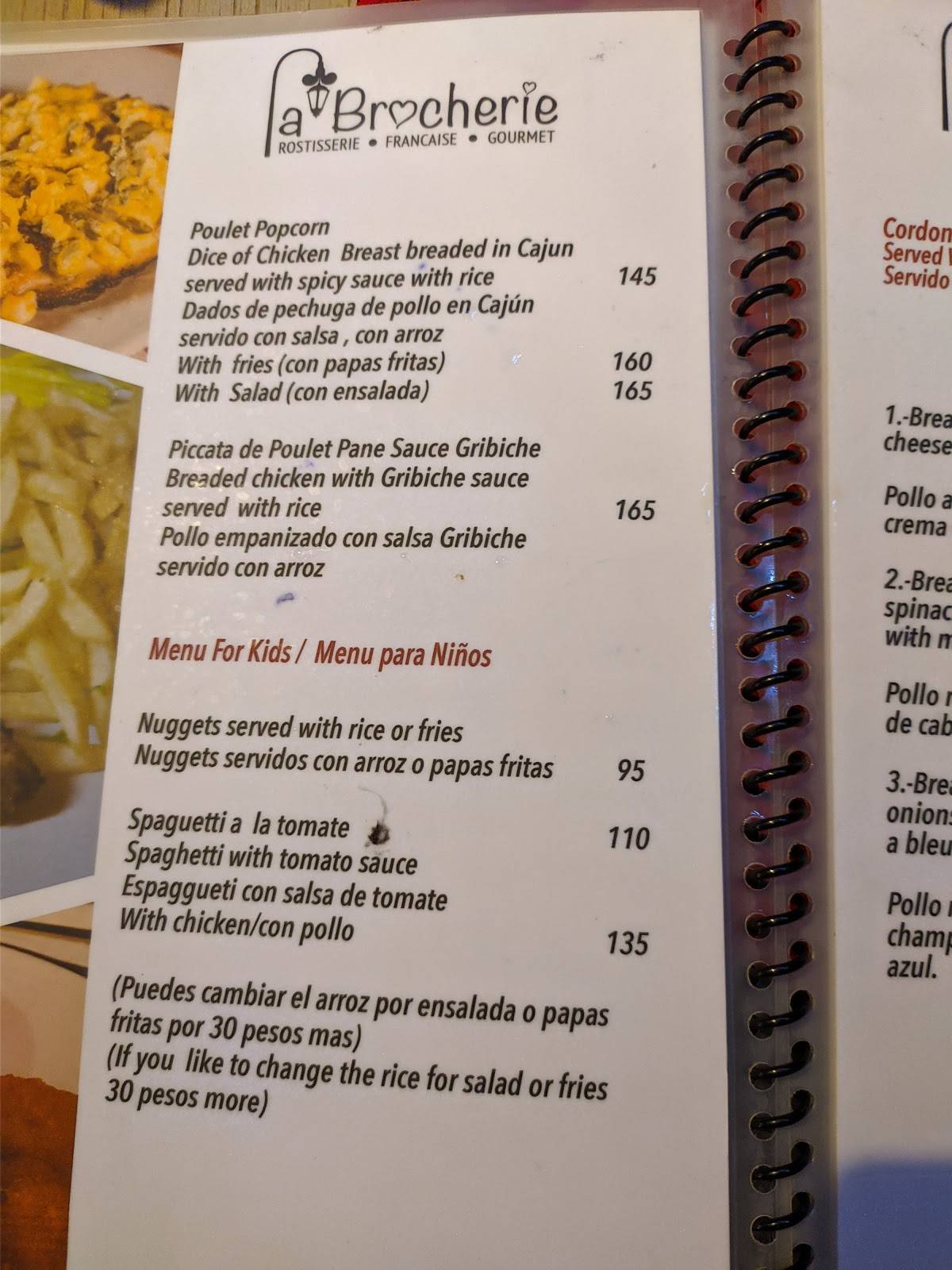 Menu at La Brocherie restaurant, Playa del Carmen