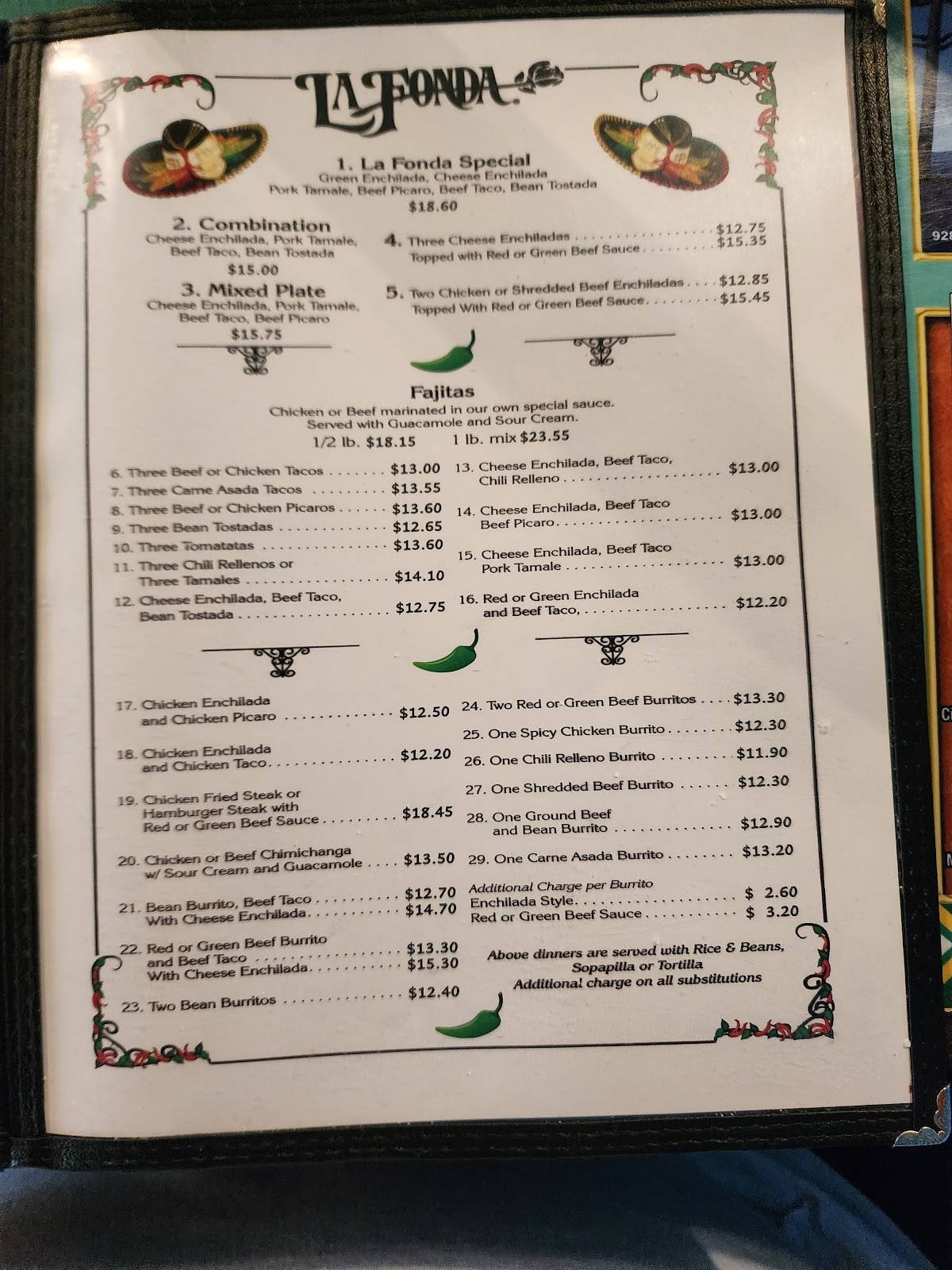 Menu at La Fonda Mexican Restaurant, Camp Verde