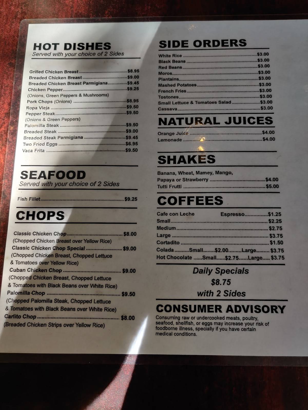 Menu at La Paris Cafe, Miami