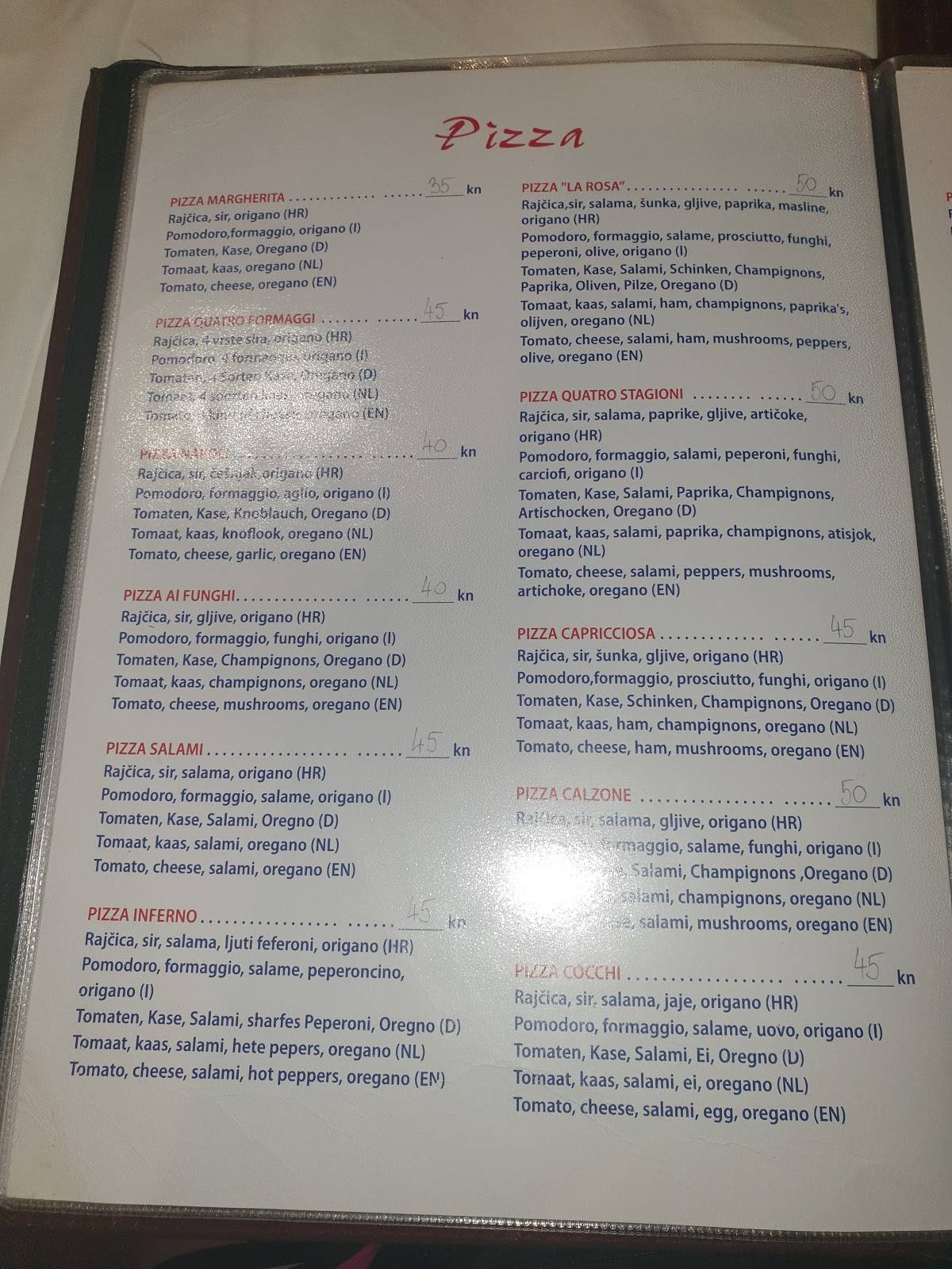 Menu da La Rosa ristorante, Vrsar