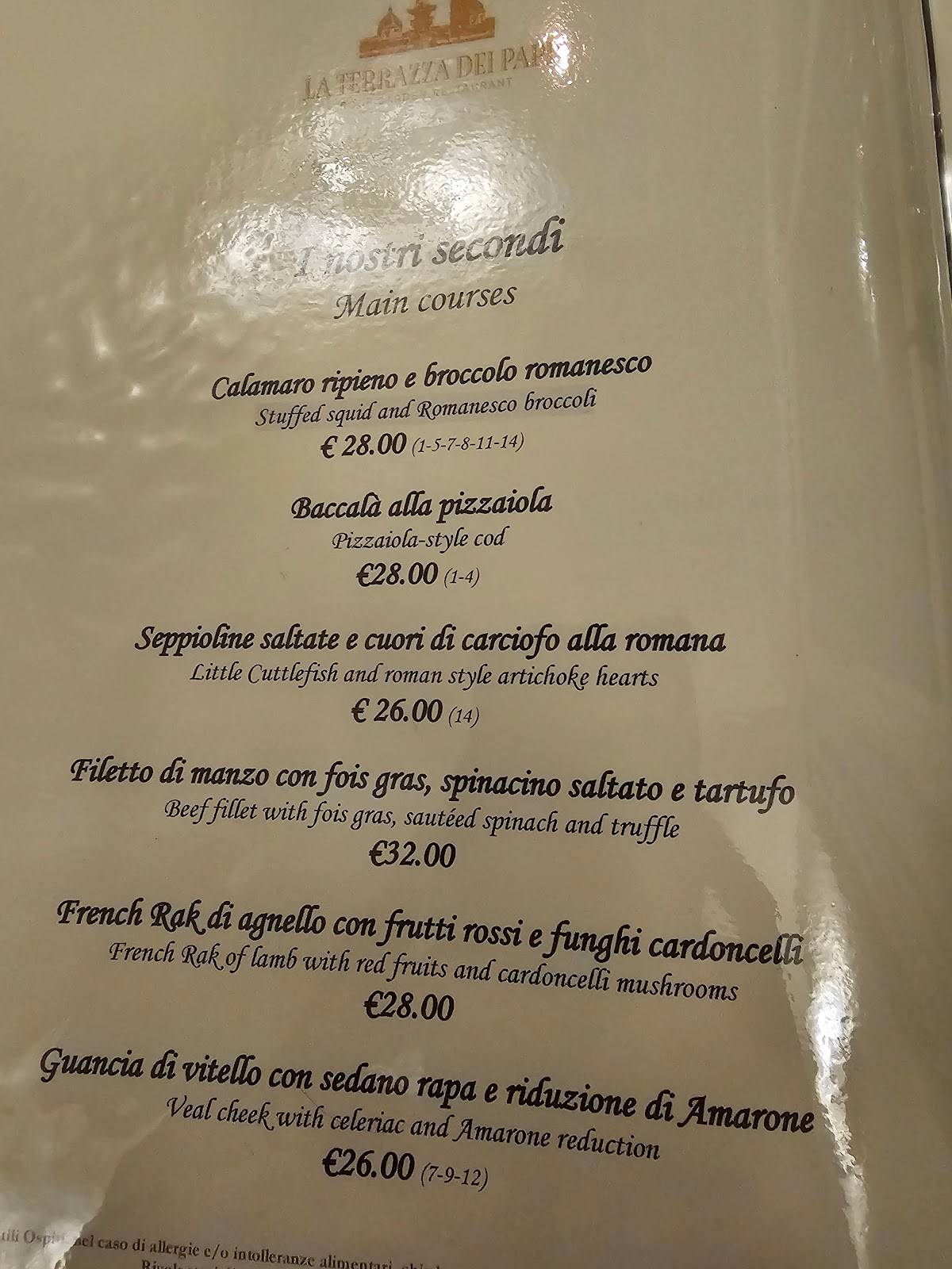 Menu au La Terrazza dei Papi Rooftop Restaurant, Rome