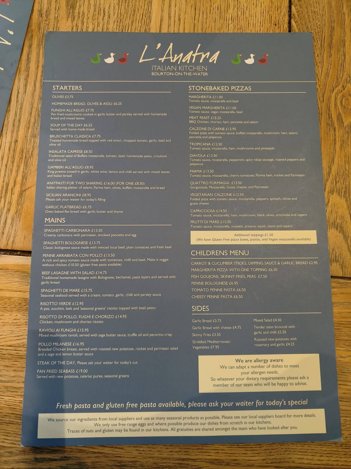 Menu at L'anatra restaurant, Bourton-on-the-Water