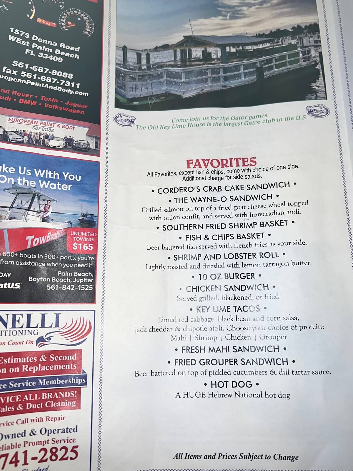 Menu at Old Key Lime House pub & bar, Lantana, 300 E Ocean Ave