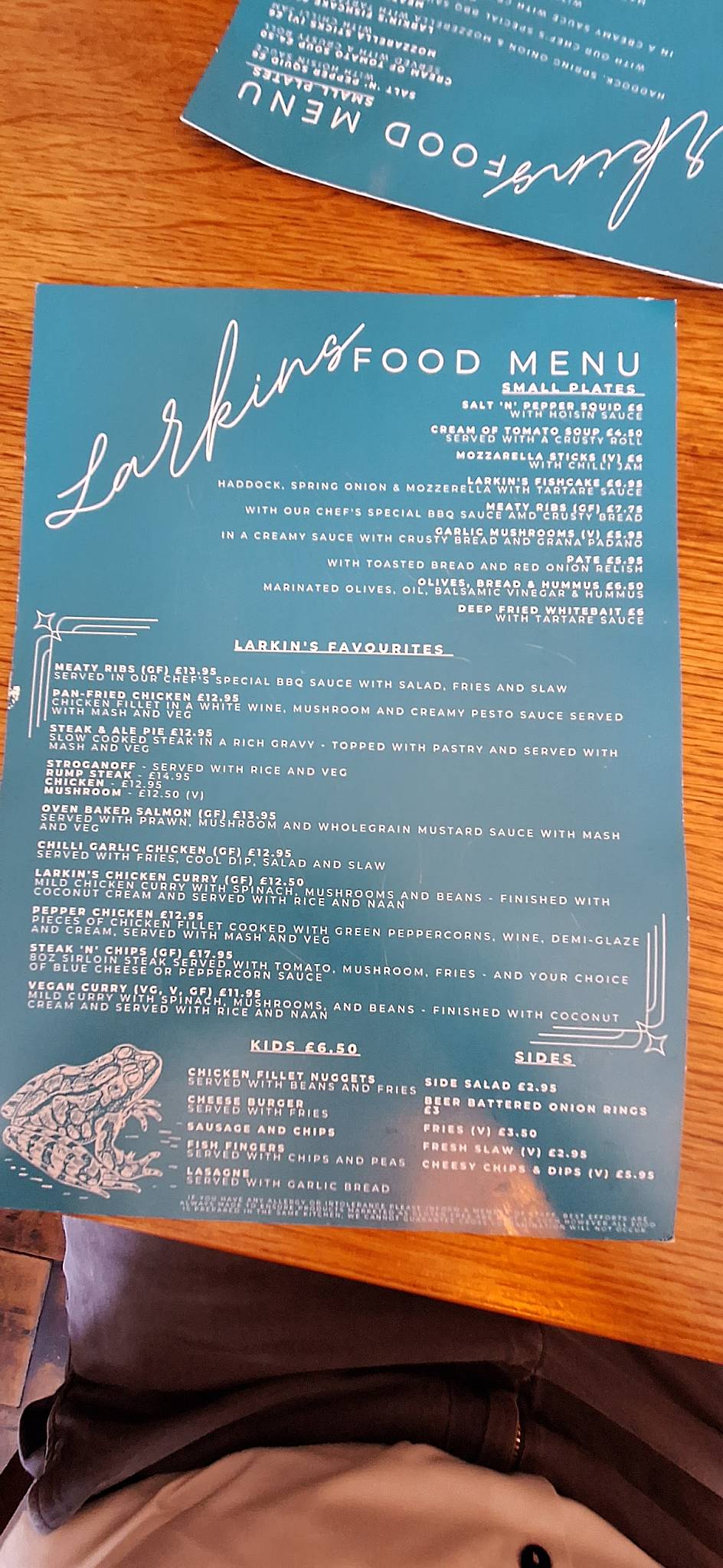 Menu at Larkin's Bar, Hull