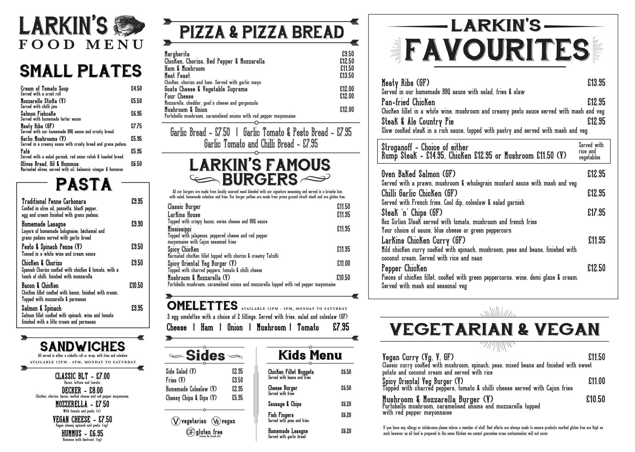 Menu at Larkin's Bar, Hull
