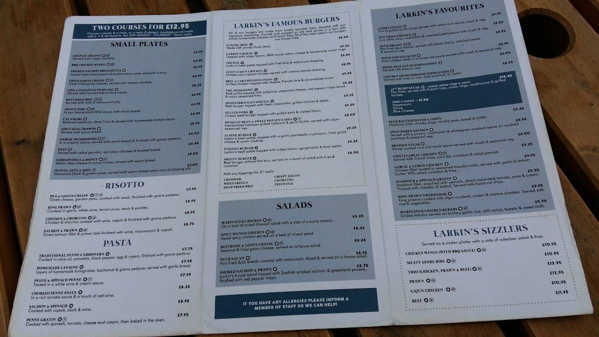 Menu at Larkin's Bar, Hull