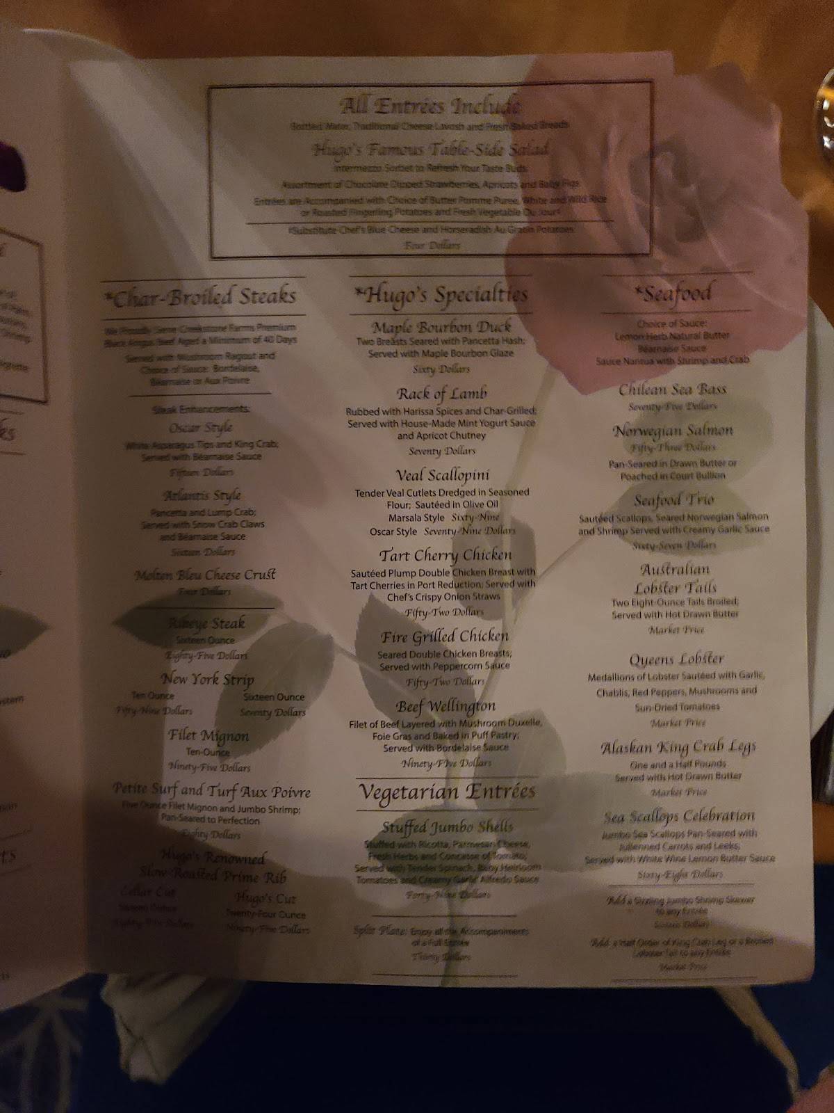 Menu at Hugo's Cellar steakhouse, Las Vegas, 202 Fremont Street Experience