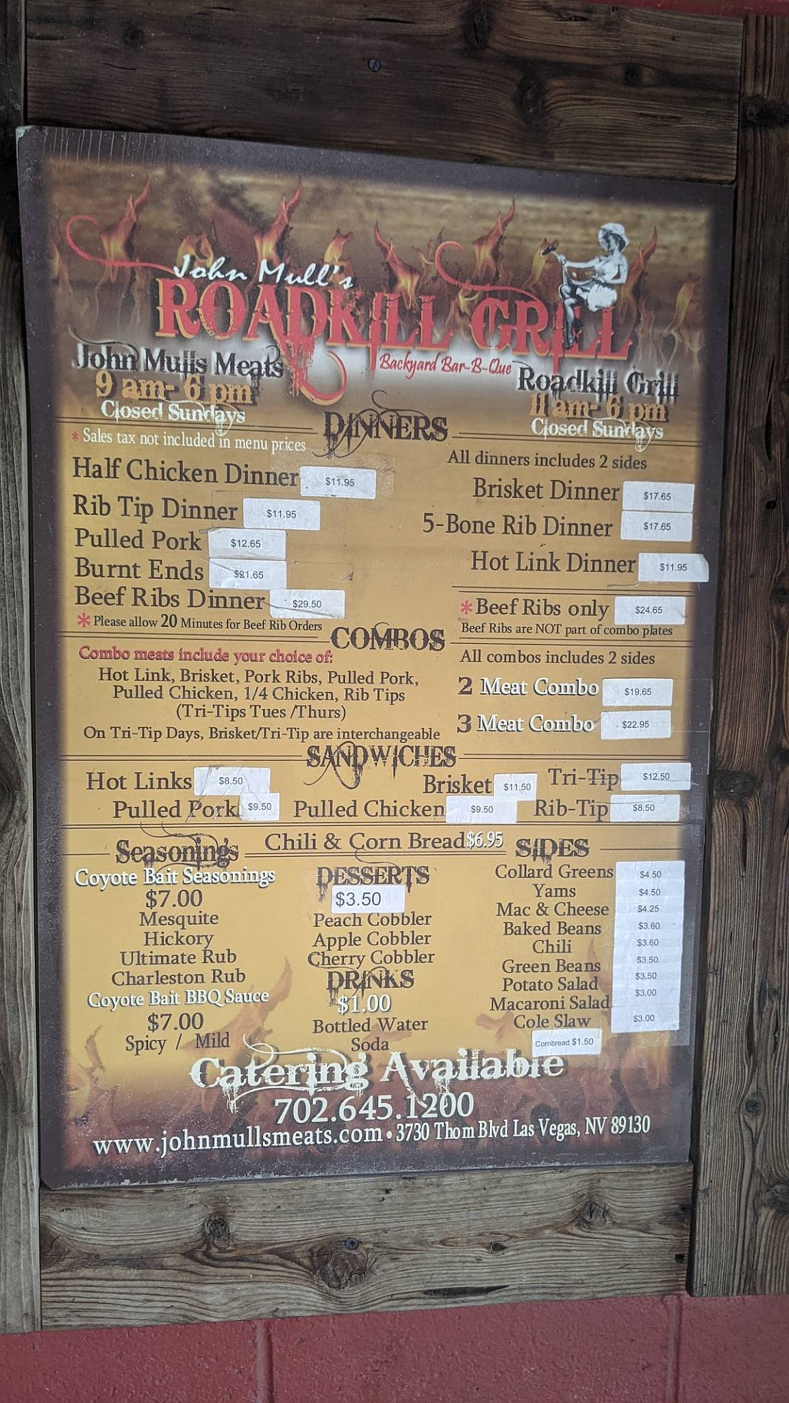 Menu at John Mull's Meats & Road Kill Grill BBQ, Las Vegas