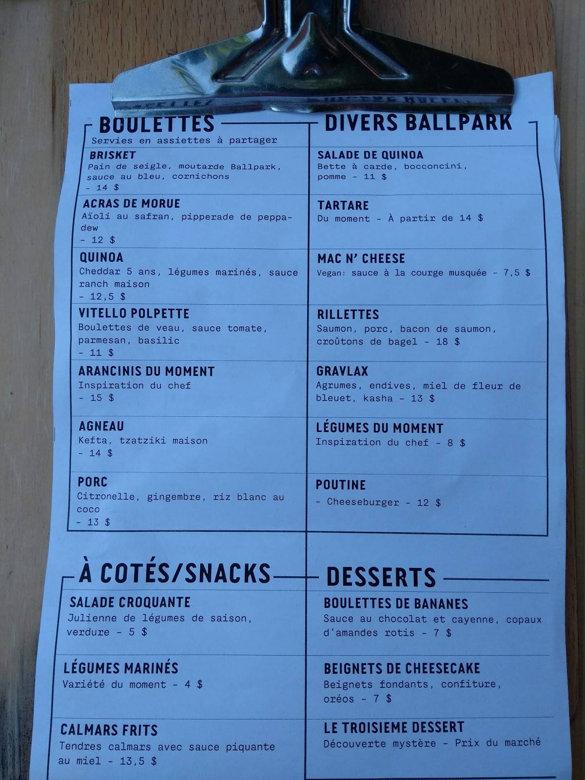 Carta del restaurante Le Ballpark, Montréal