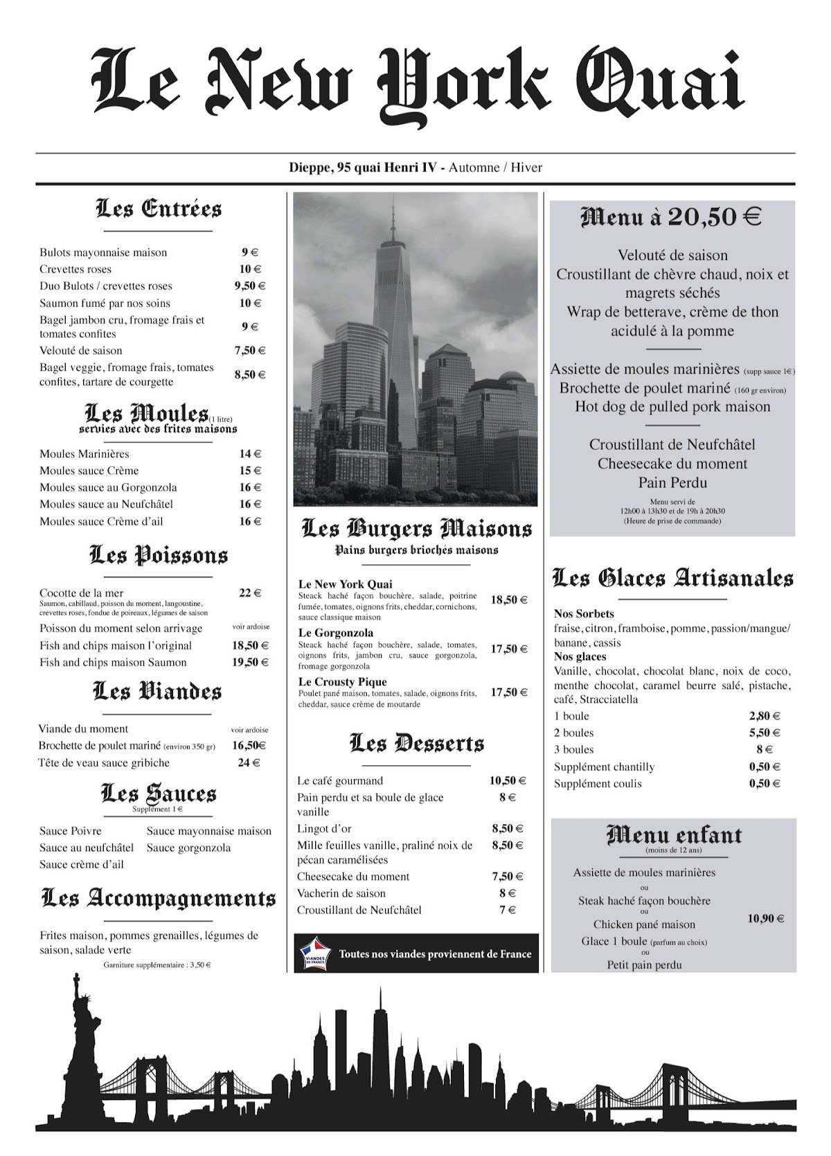 Menu at Le New York Quai - Maître Restaurateur de France pub & bar, Dieppe