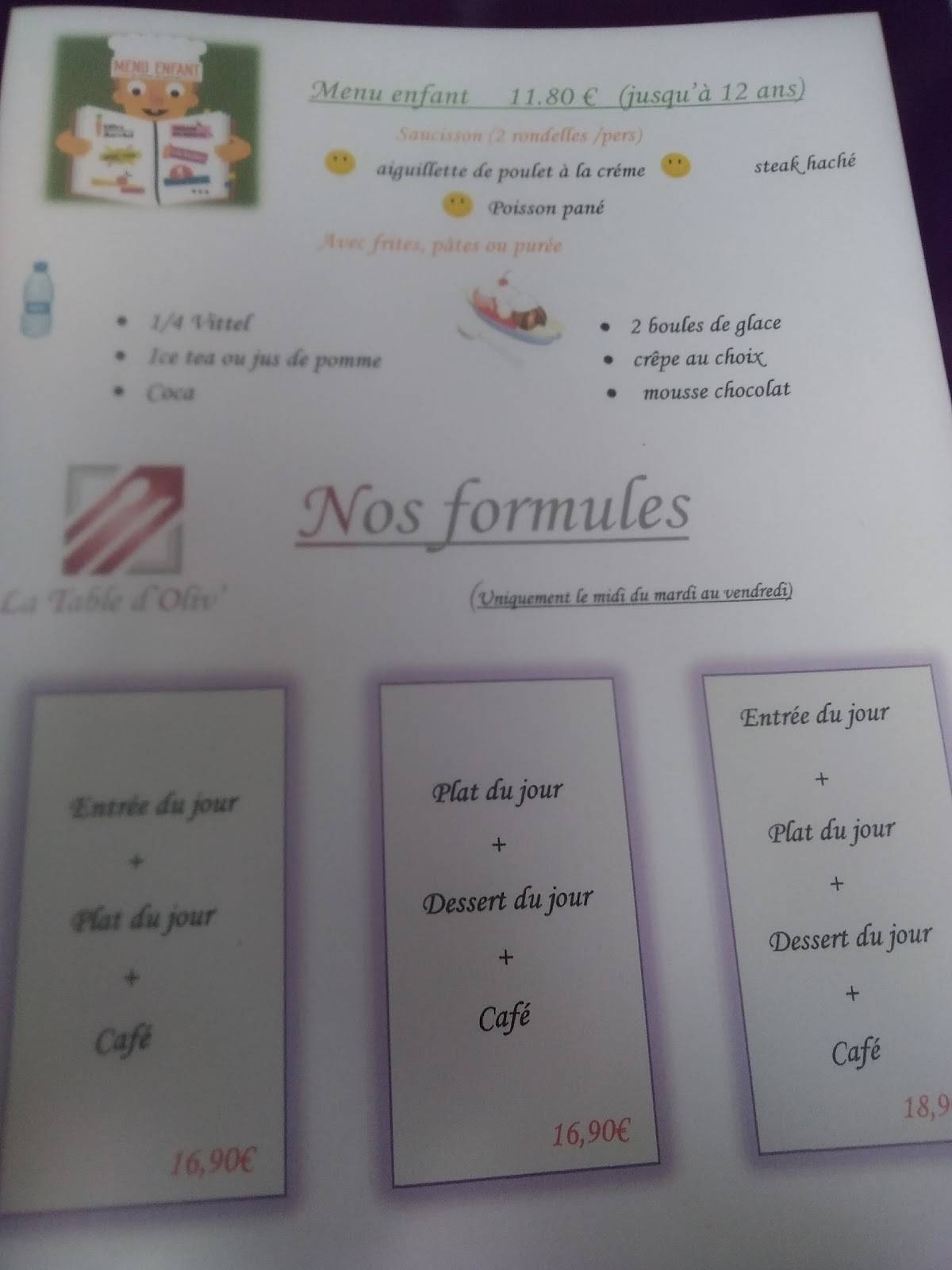 Menu au LA TABLE D'OLIV restaurant, Le Quesnoy