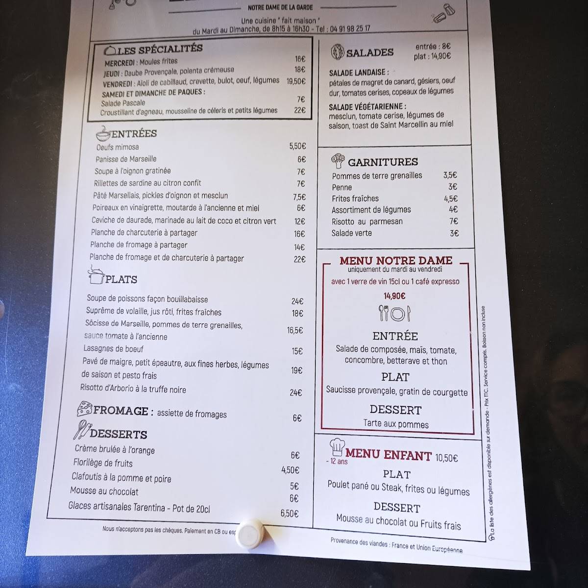 Menu at Le Restaurant Notre Dame de la Garde, Marseille