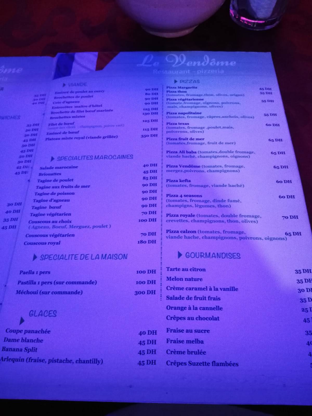 Menu at Le Vendôme restaurant, Agadir