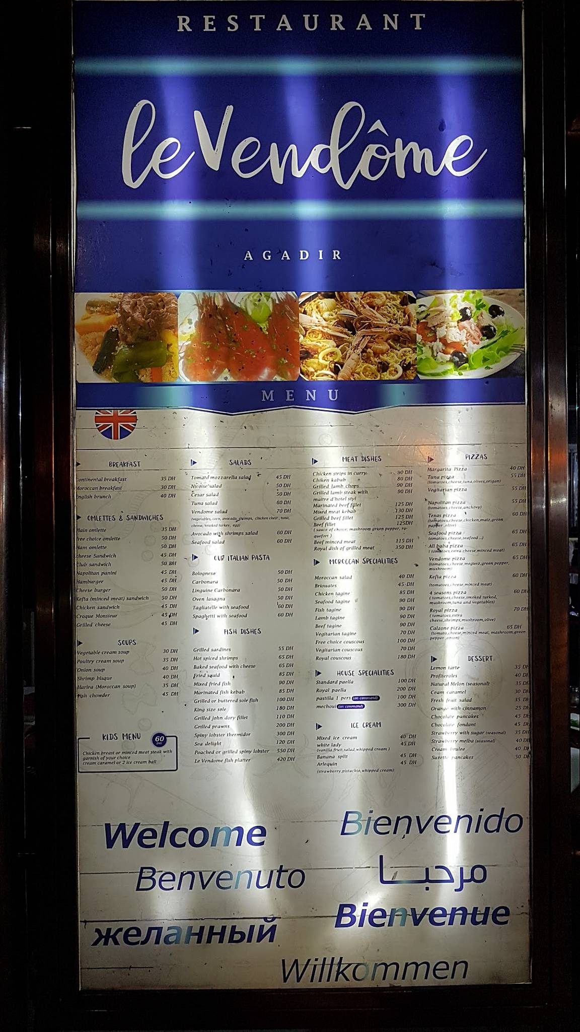 Menu at Le Vendôme restaurant, Agadir