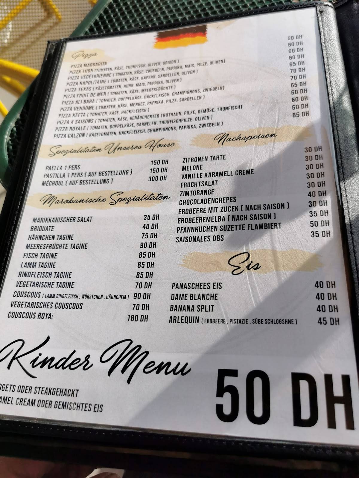 Menu at Le Vendôme restaurant, Agadir