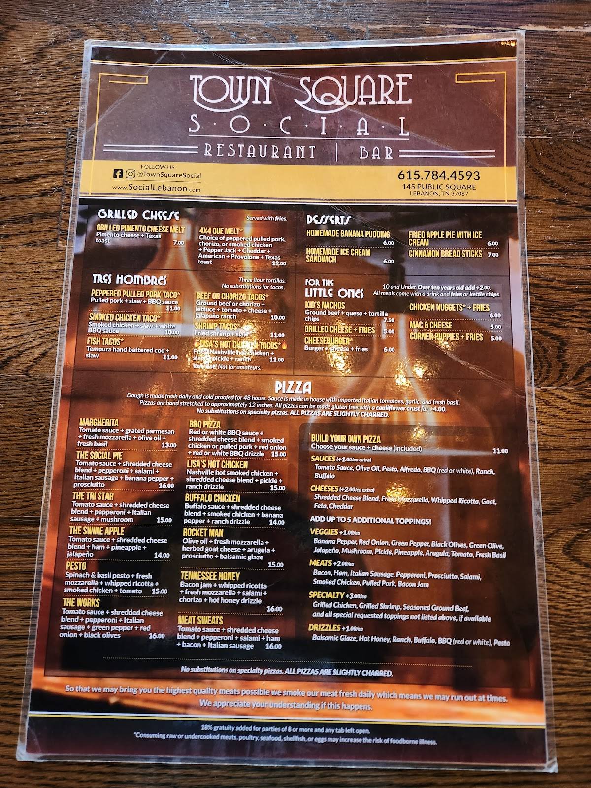 Menu at Town Square Social restaurant, Lebanon, 145 Public Sq