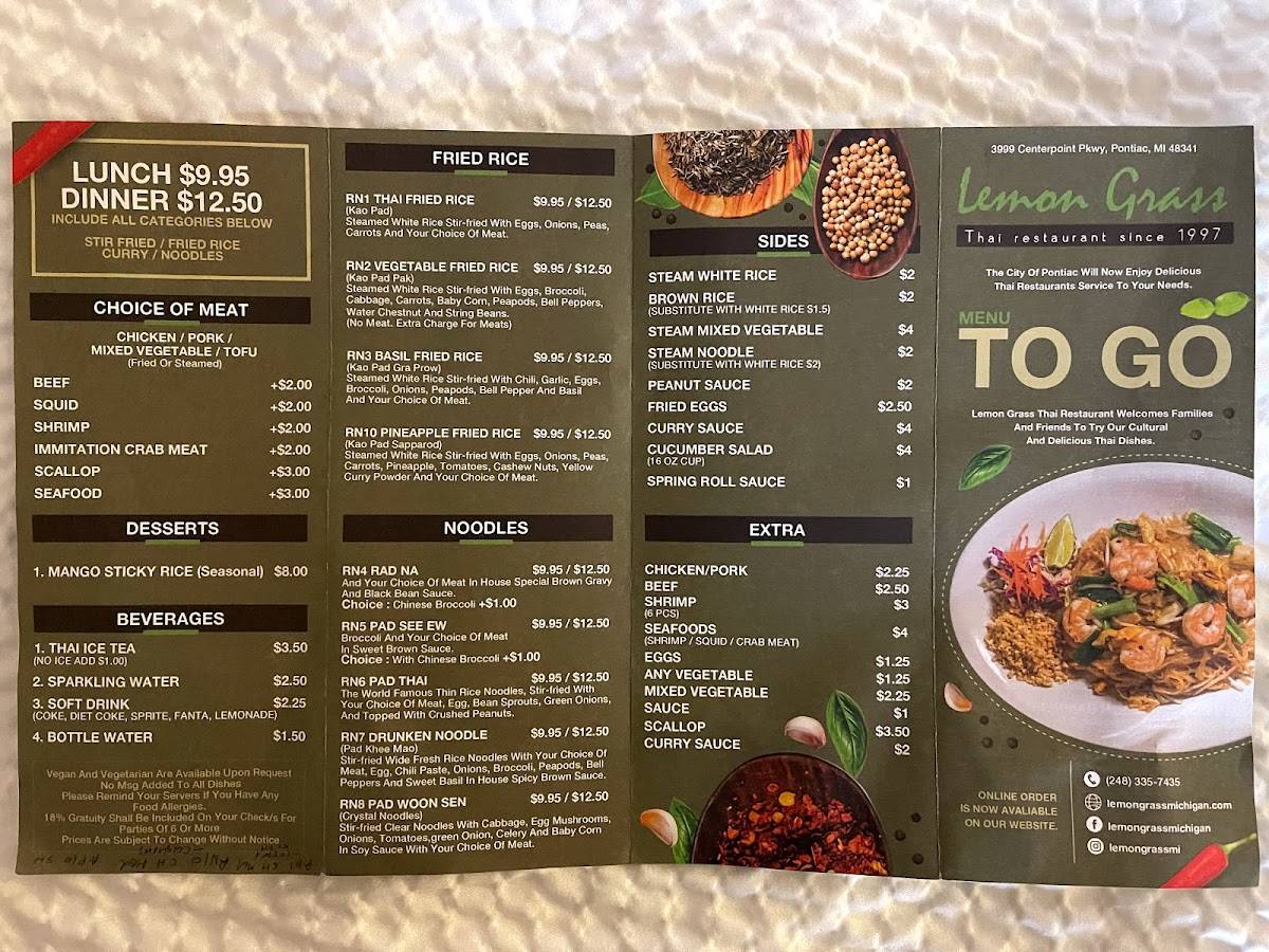 Menu at Lemon Grass Thai Restaurant, Pontiac