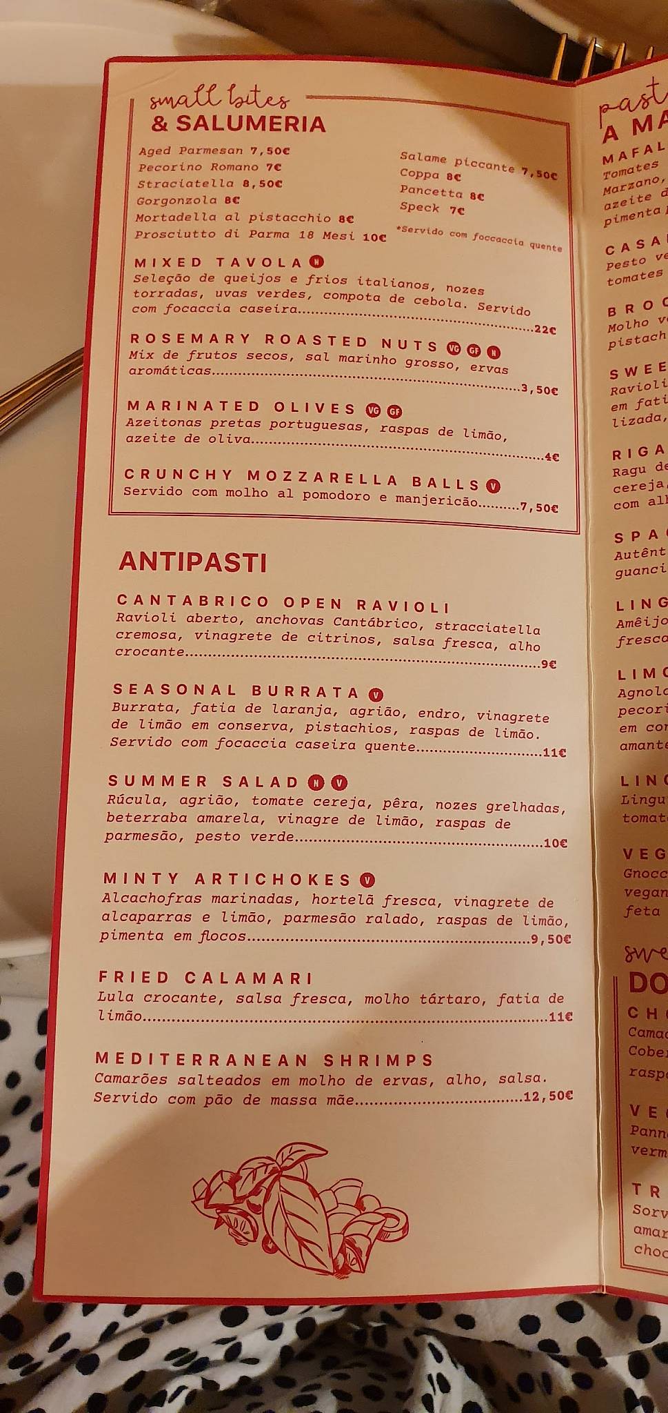 Menu at Leonetta restaurant, Lisbon