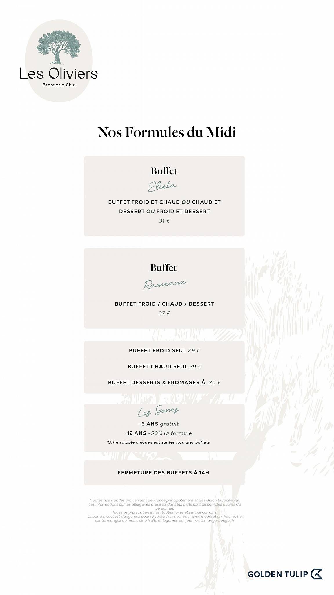 Menu au Les Oliviers - Restaurant Golden Tulip Hôtel, Limonest