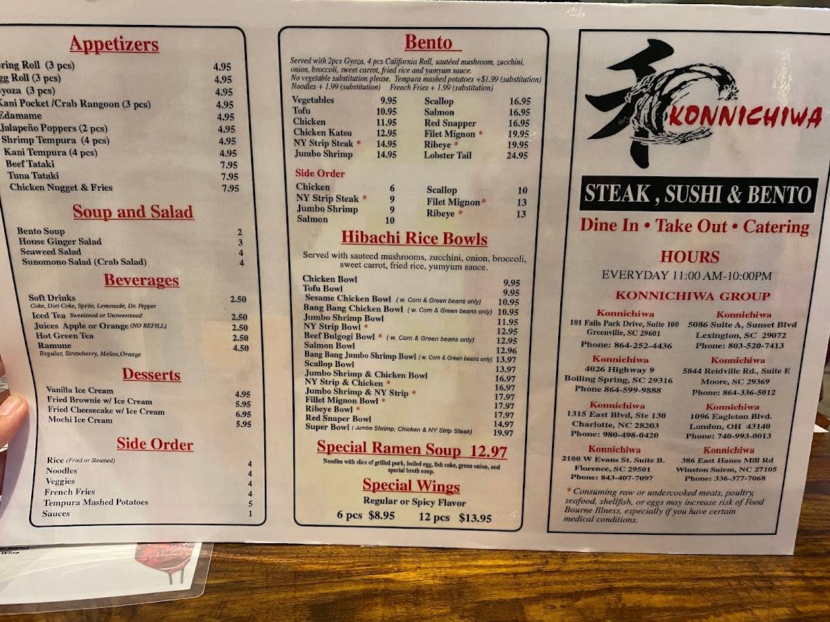 Menu at Konnichiwa of Lexington, SC restaurant, Lexington