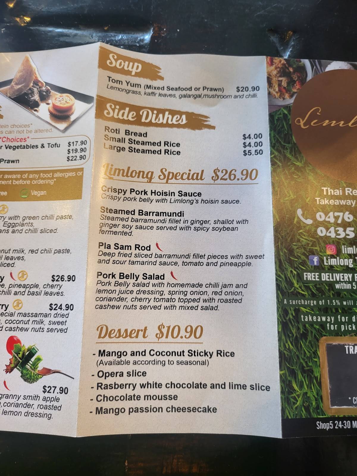 Menu at Limlong Thai Restaurant, Forster