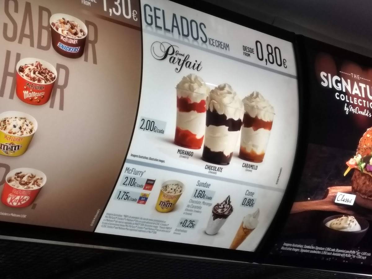 Menu at McDonald's Rossio fast food, Lisbon, Praça Dom Pedro IV 81 83