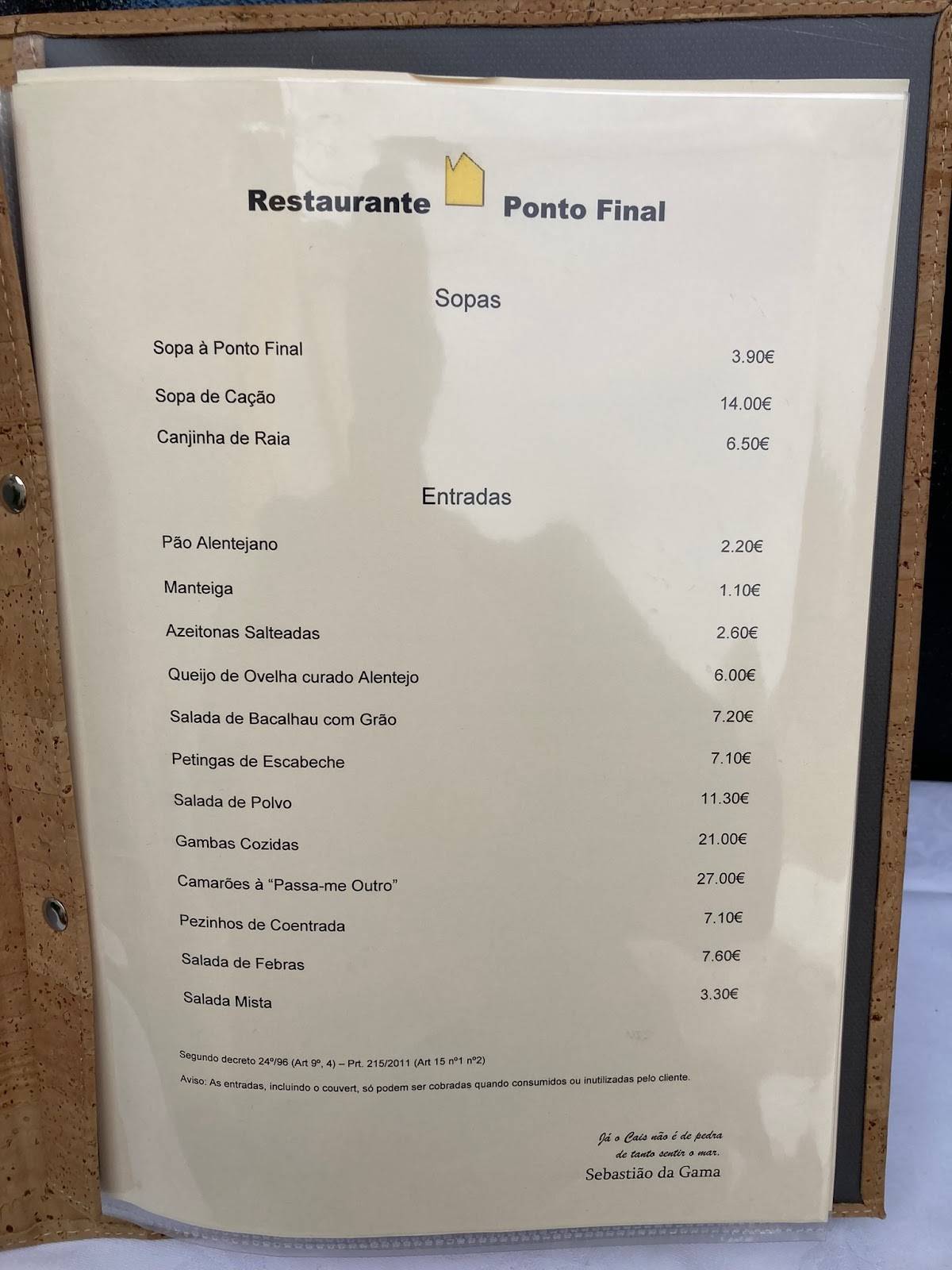 Menu at Ponto Final restaurant, Almada