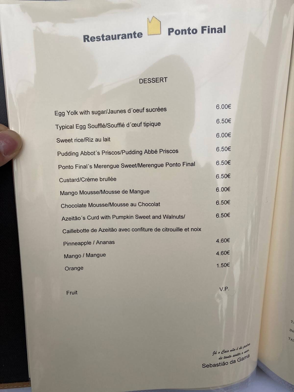 Menu at Ponto Final restaurant, Almada