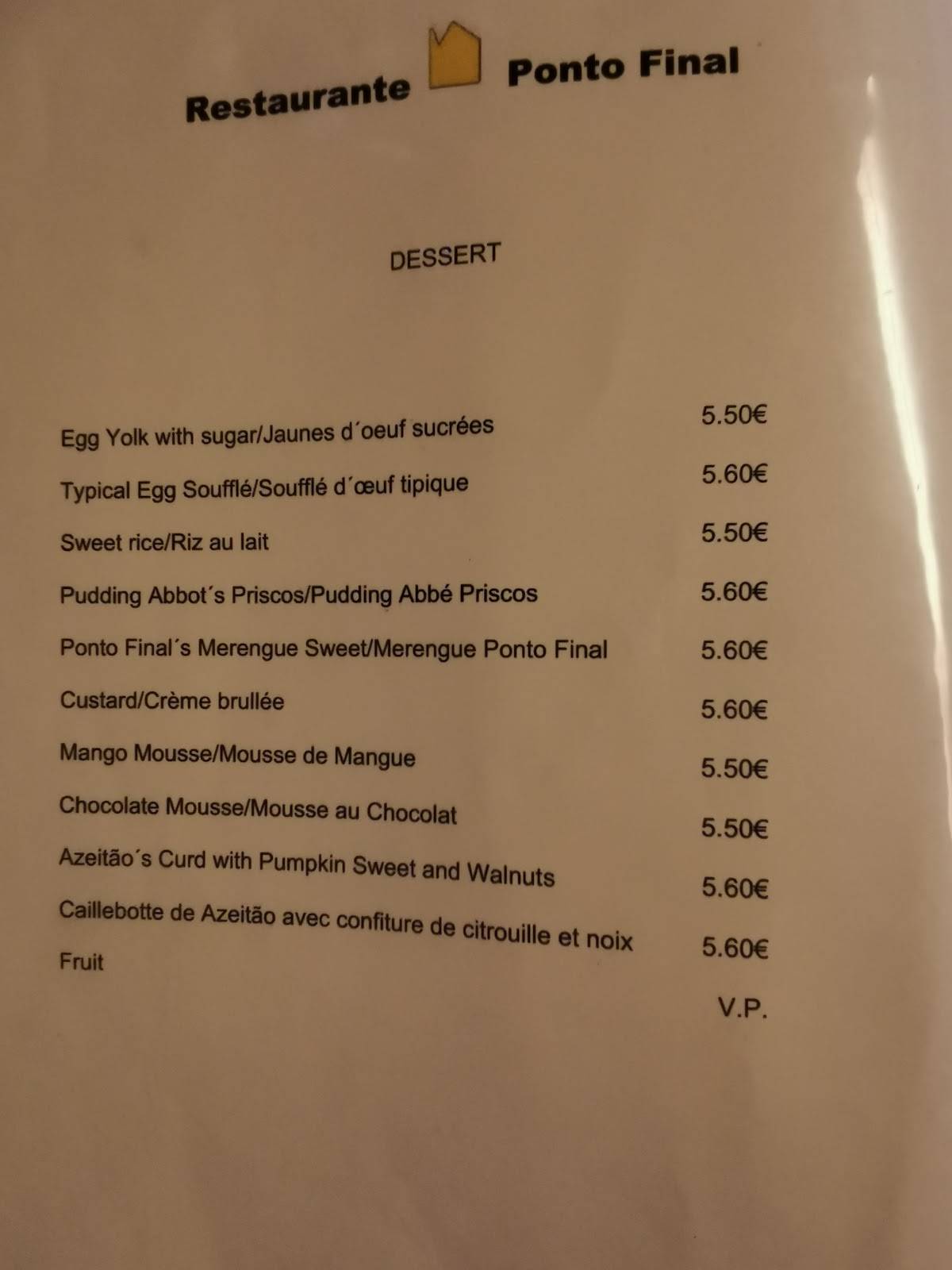 Menu at Ponto Final restaurant, Almada