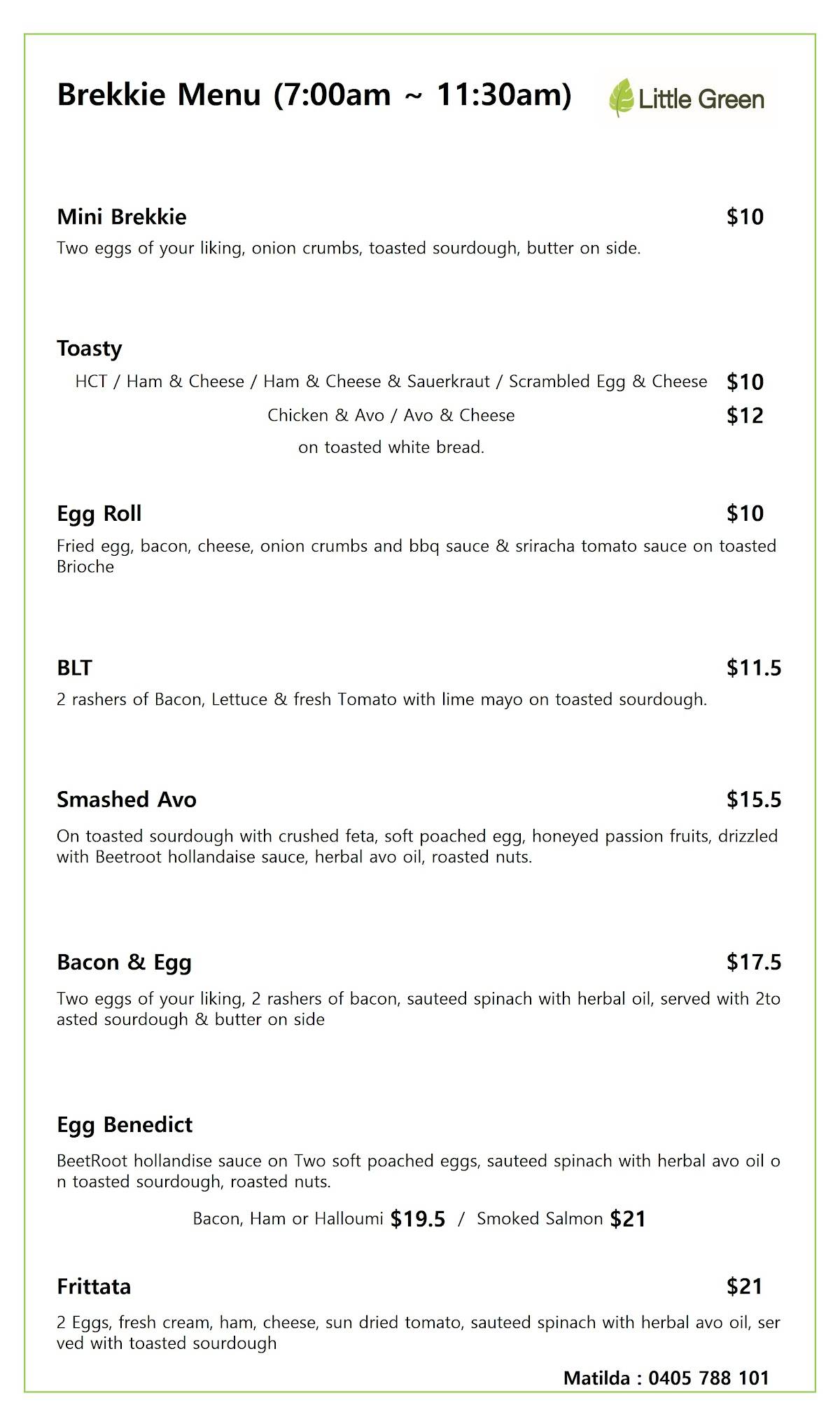 Menu at Little Green Cafe, Upper Mount Gravatt