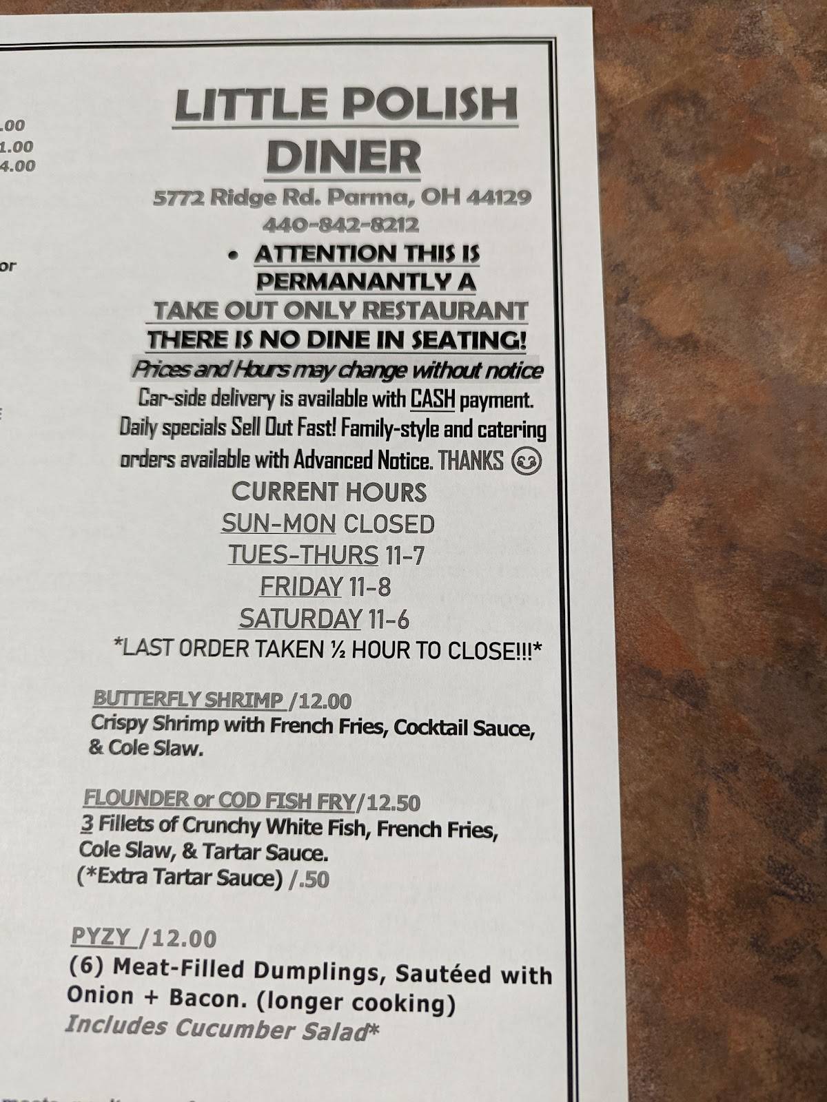 Menu at Little Polish Diner restaurant, Parma