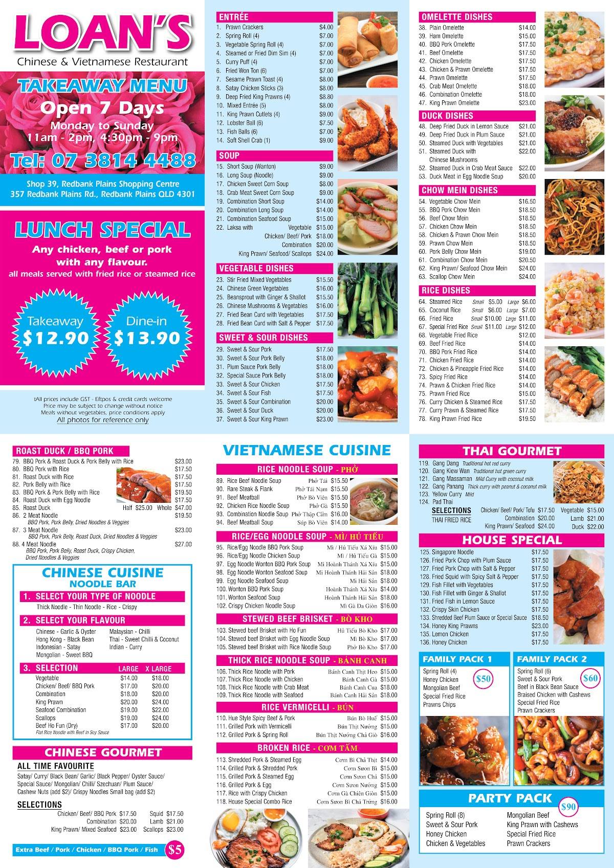 Menu at Loan's Chinese and Vietnamese Restaurant, Redbank Plains