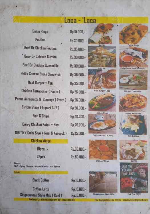 Menu at Loca - Loca restaurant, North Jakarta, Jl. Agung Tengah 4 No.4