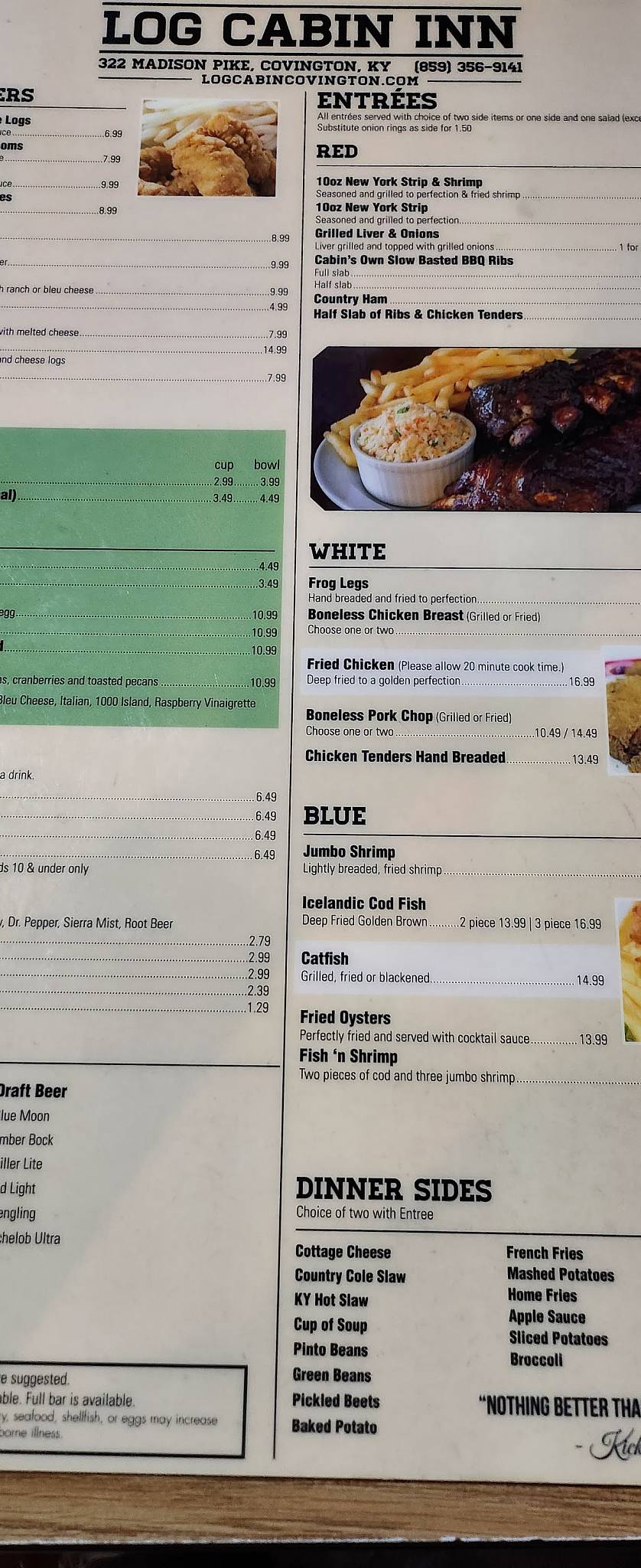 Menu at Log Cabin Inn steakhouse, Covington, 322 Madison Pike