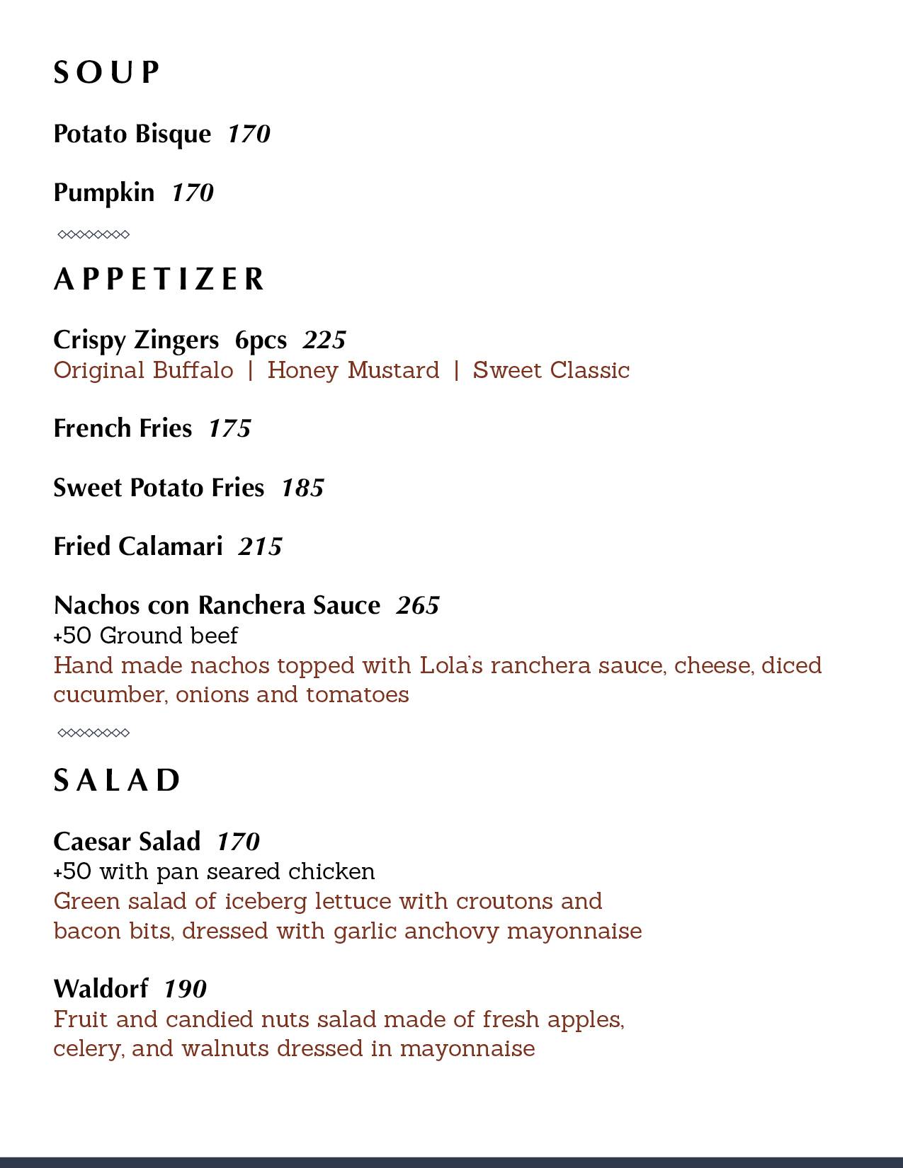 Menu at Lola Mending’s Cafe, Luna