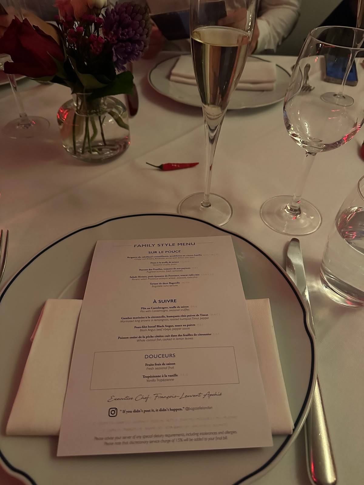 Menu at Bagatelle London restaurant, London